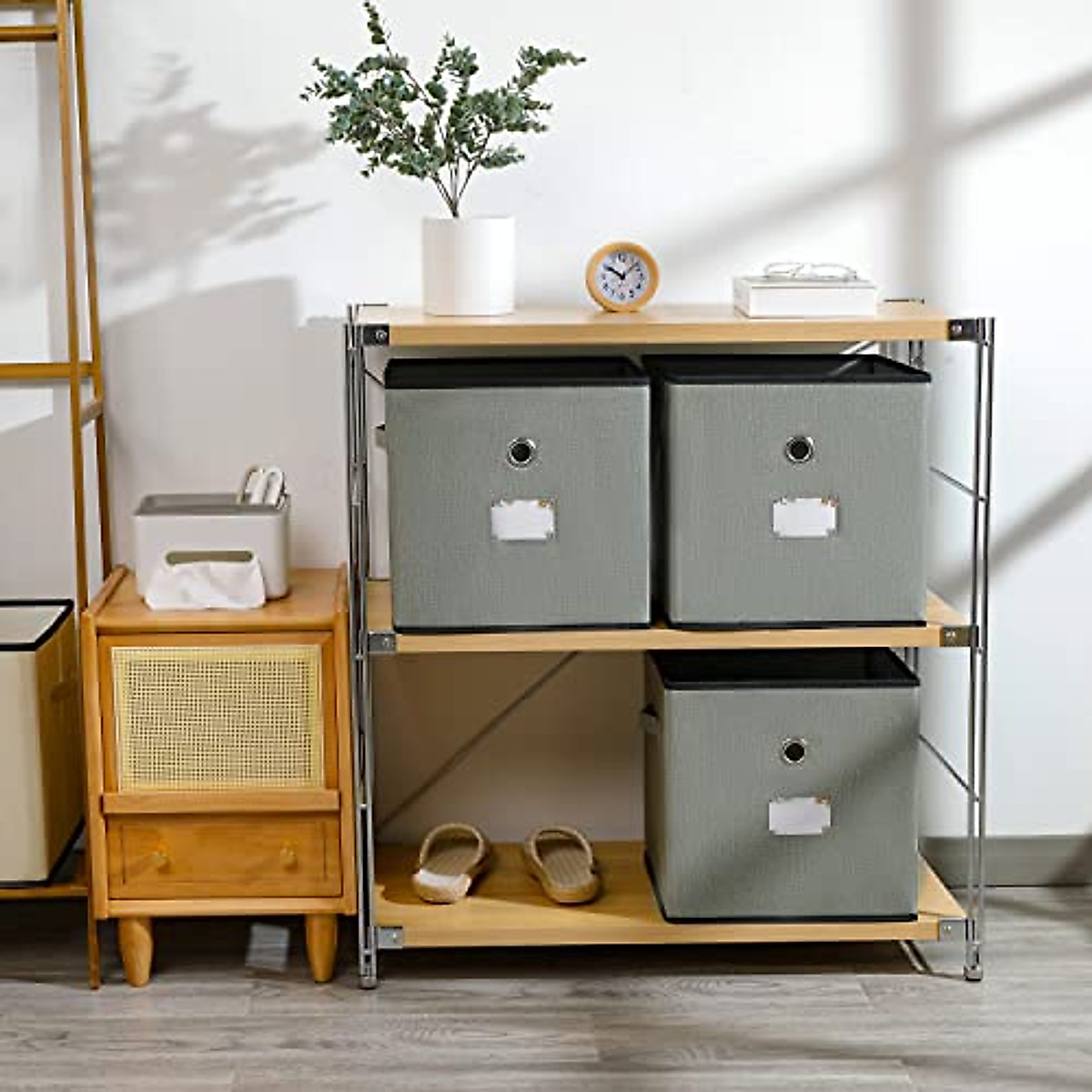 Furnhome Fabric Storage Cubes Bins with Labels, Foldable Storage Cubes with Handles, Washable Cube Storage Bins 13 x 13, Square Storage Bins for Cube Organizer for Shelf, Bedroom, Closet-set of 2, Beige