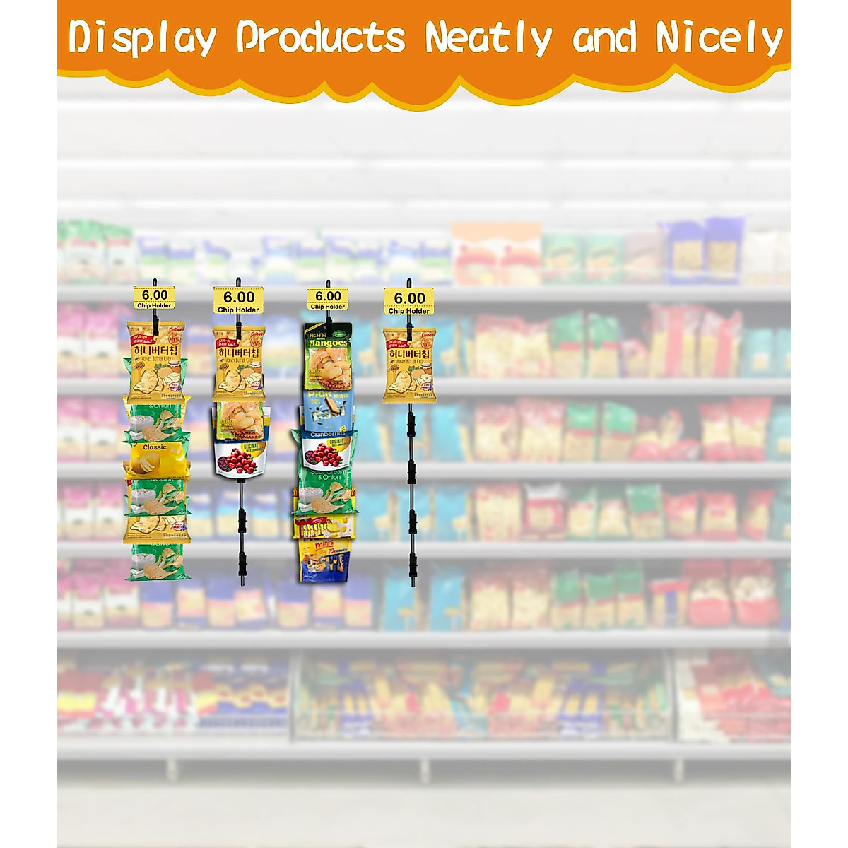 Strips Hooks Chip Rack Display Hanging 16.5 Inches with 6 Chip Black Greeting Card Hooks for Party Vendors Chip Bag Holder Snack Candy Portable Retail Organizer Storage Metal with Label Header 4 Pack