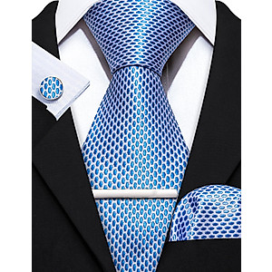 Barry.Wang Designer Blue Ties for Men Handkerchief Cufflink and Tie Clip Necktie Set Fashion