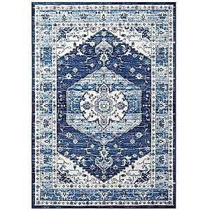 COZYLOOM Ultra-Thin Washable Rug 5x7 Non-Slip Rug Indoor Medallion Distressed Floor Carpet for Living Room Bedroom Oriental Floral Throw Carpet Non-Shedding Foldable Low Pile Floor Cover Blue