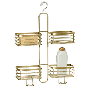 mDesign Metal Steel Hanging Shower Caddy, 4 Basket Organizer Rack for Bathroom; Hold Handheld Shower Head, Hose, Shampoo, Conditioner, Shaving Cream, Soap, Loofah - Carson Collection - Soft Brass