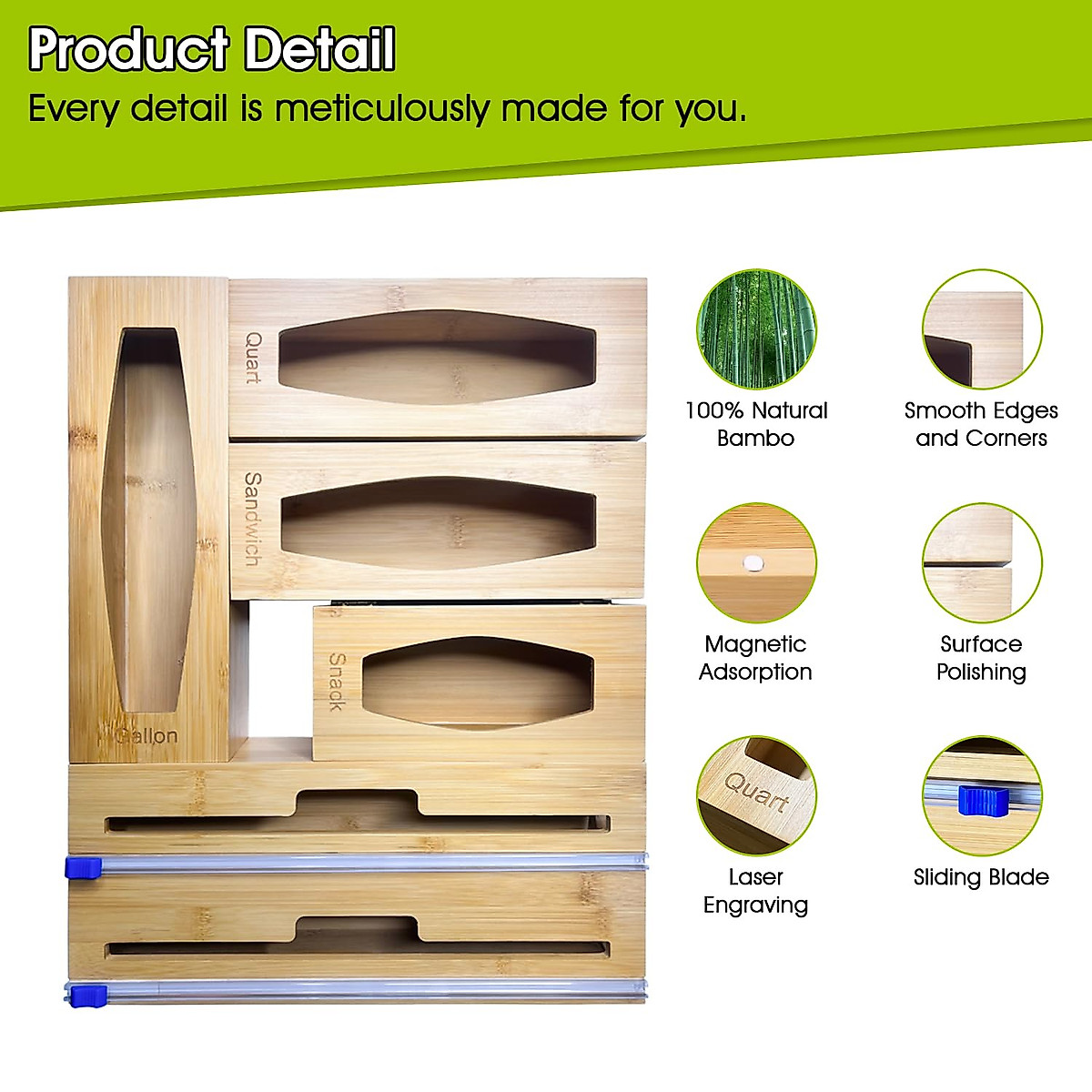 OTLS Storage Bag Organizer for Kitchen Drawer, 6 in 1 Foil and Plastic Wrap Organizer with Cutter, Bamboo Bag Organizer for Drawer with Separate Boxes for Gallon, Sandwich, Quart & Snack