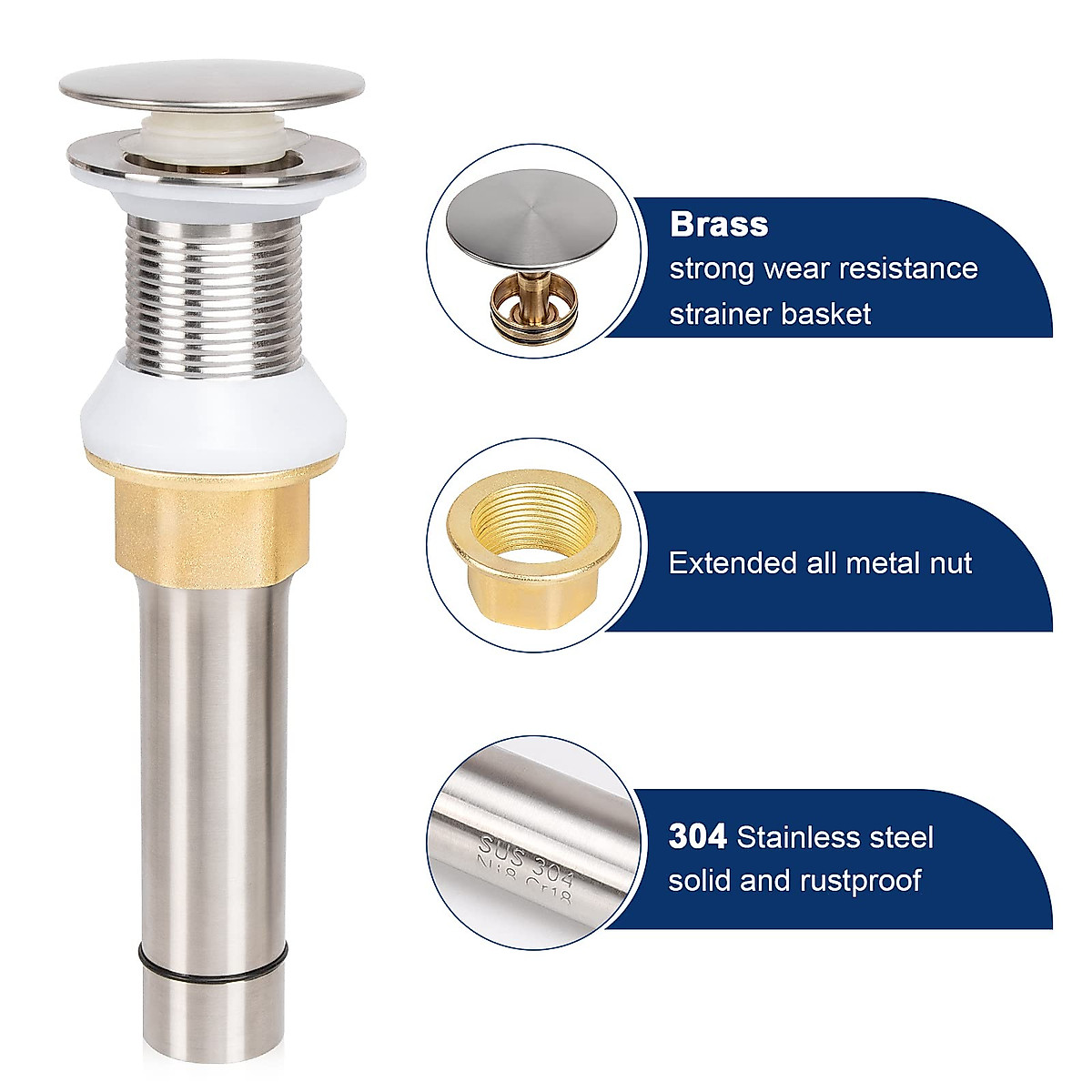 NearMoon Bathroom Sink Drain Without Overflow, 304 Stainless Steel Pop up Drain with Detachable Strainer Basket, Anti-Clogging Hair Catcher Assembly Stopper Vessel Sink (Brushed Nickel)