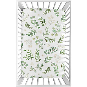 Sweet Jojo Designs Floral Leaf Girl Fitted Mini Crib Sheet Baby Nursery for Portable Crib or Pack and Play - Green and White Boho Watercolor Botanical Woodland Tropical Garden