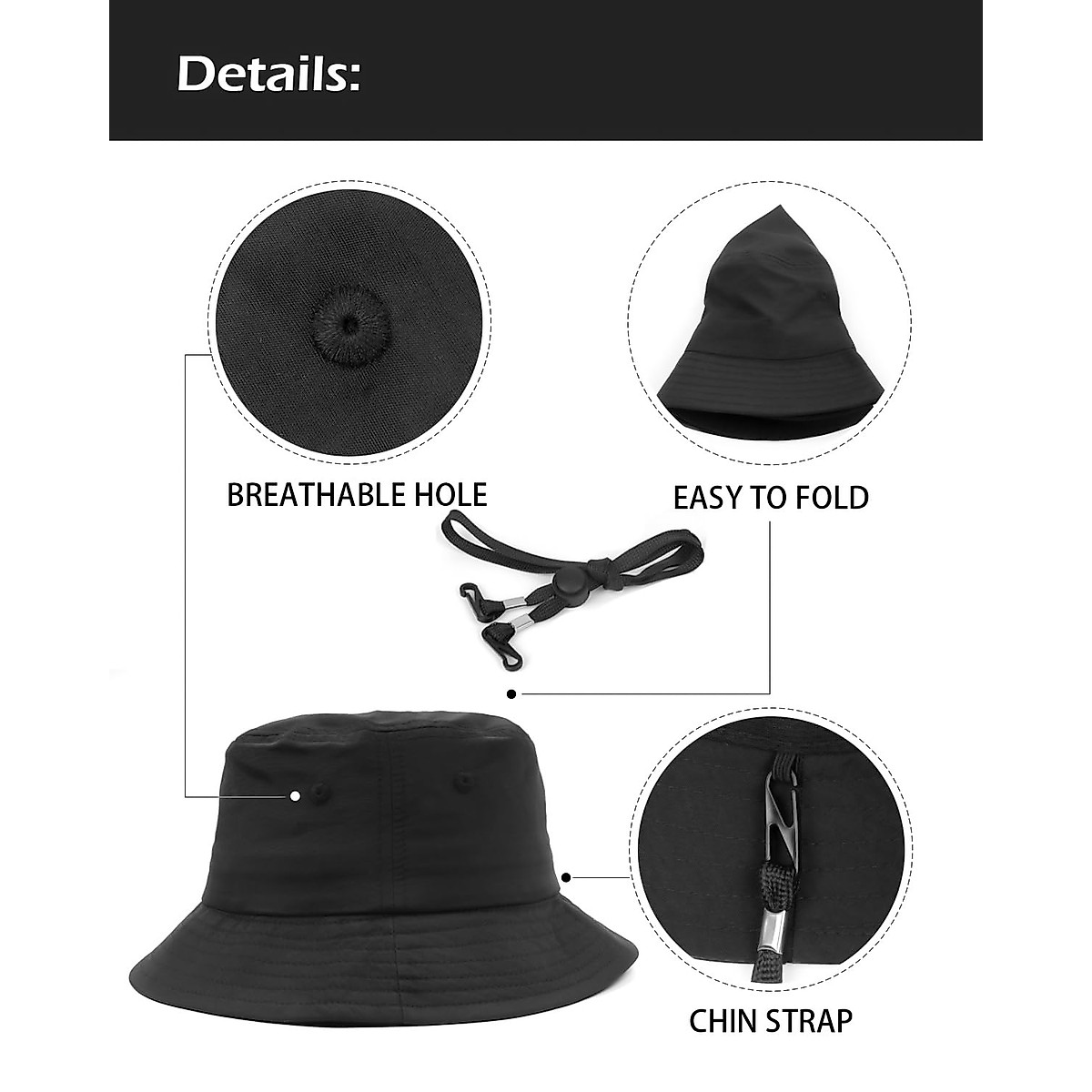 Extra Large Lightweight Bucket Sun Hat,Breathable Travel Cooling Hats,Outdoor Sun Hat for Big Heads 24.5"-25.5" Black