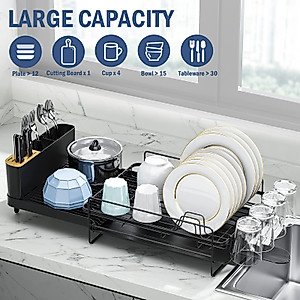 TOOLF Dish Drying Rack, Expandable Dish Drying Rack with Drainboard, Metal Large Dish Rack for Kitchen Counter, Dish Drainer with Cutlery Holder & 360°Swivel Spout Black