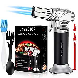 Uamector Butane Torch, Upgraded Refillable Kitchen Torch Lighter with Adjustable Dual Strong Flame & Safety Lock, Blow Food Torch for BBQ, Baking, Brulee, Creme, Silver-sets (Butane Gas Not Included)