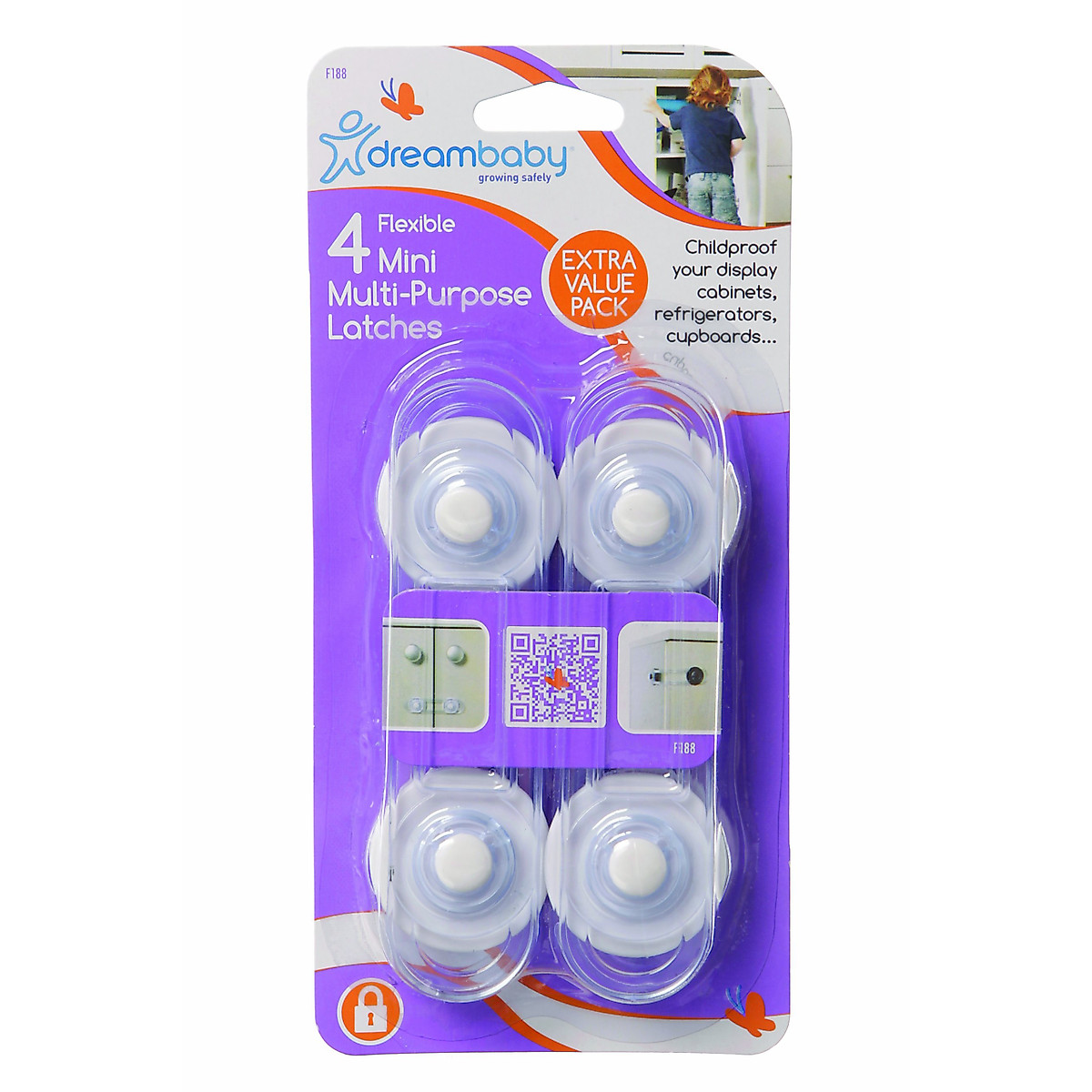 Dreambaby Flexible Mini Multi-Purpose Latches for Cabinets, Drawers, Appliances, Toilets, and More (4 Pack)