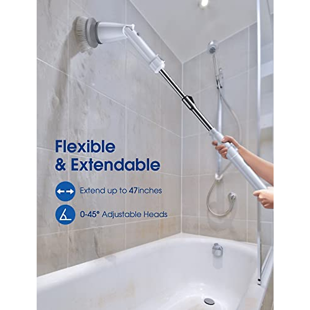 Electric Spin Scrubber, Sweepulire Cordless Cleaning Brush with 2 Speeds , Adjustable Extension Arm, 4 Replaceable Brush Heads, Power Shower Scrubber Cleaning Brushes for Bathroom, Tub, Tile, Floor