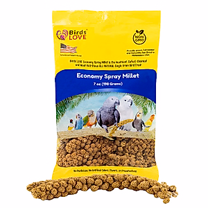 Birds LOVE Economy & Thin Special Spray Millet GMO-Free (No Stems Only Edible Tops) for Birds Cockatiel Lovebird Parakeet Finch Canary All Parrots Healthy Treat - 7oz