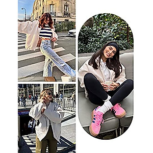 Athlisan Womens Oversized Wool Blend Bomber Jacket Casual Button Down Varsity Jacket with Pockets(Beige-L)