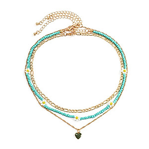 Boho Layered Choker Necklace Gold Summer Beach Heart Shape Pendan Vintage Green Flowers Beads Necklaces Jewelry for Women, one size