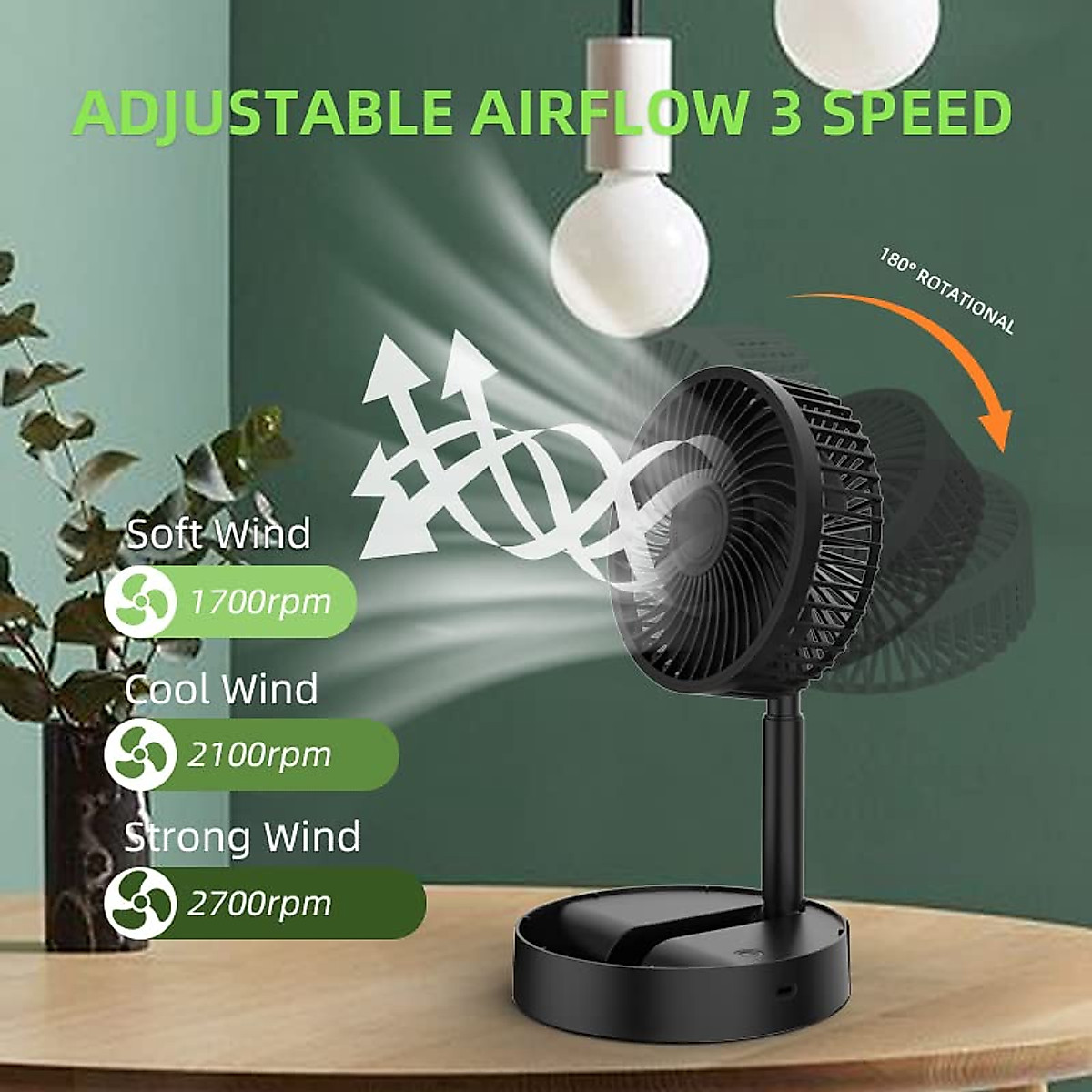 RealSmart Portable Folding Fan, Rechargeable USB Floor Table Desk Fan with Adjustable Height, 3 Speed battery operated fan, Pedestal Fans for Personal Bedroom Office Fishing Camping Travel, Black 6.5"