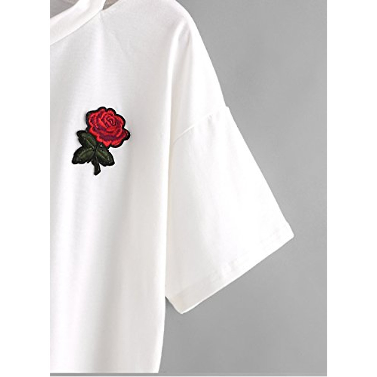 BCDshop Women Teen Girls Embroidery Rose Crop Top Tees Short Sleeve V Neck T-Shirt (M, White)