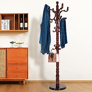Zacammy Heavy Coat Rack Freestanding, Natural Wood Hall Tree, Adjustable Height 73in and Versatile 14 Hooks for Entryway, Porch, Living Room, Bedroom, Home Office (Rosewood)