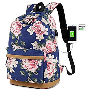 Floral School Backpack for Girls College Bookbags Travel Backpack Laptop Rucksack Travel Backpack with USB Charging Port, Casual Daypack for Women with USB Charging Port (Blue Floral)