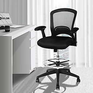 Drafting Chair Tall Office Chair Ergonomic Standing Desk Chair with Adjustable Foot Ring and Flip-up Arms, Black