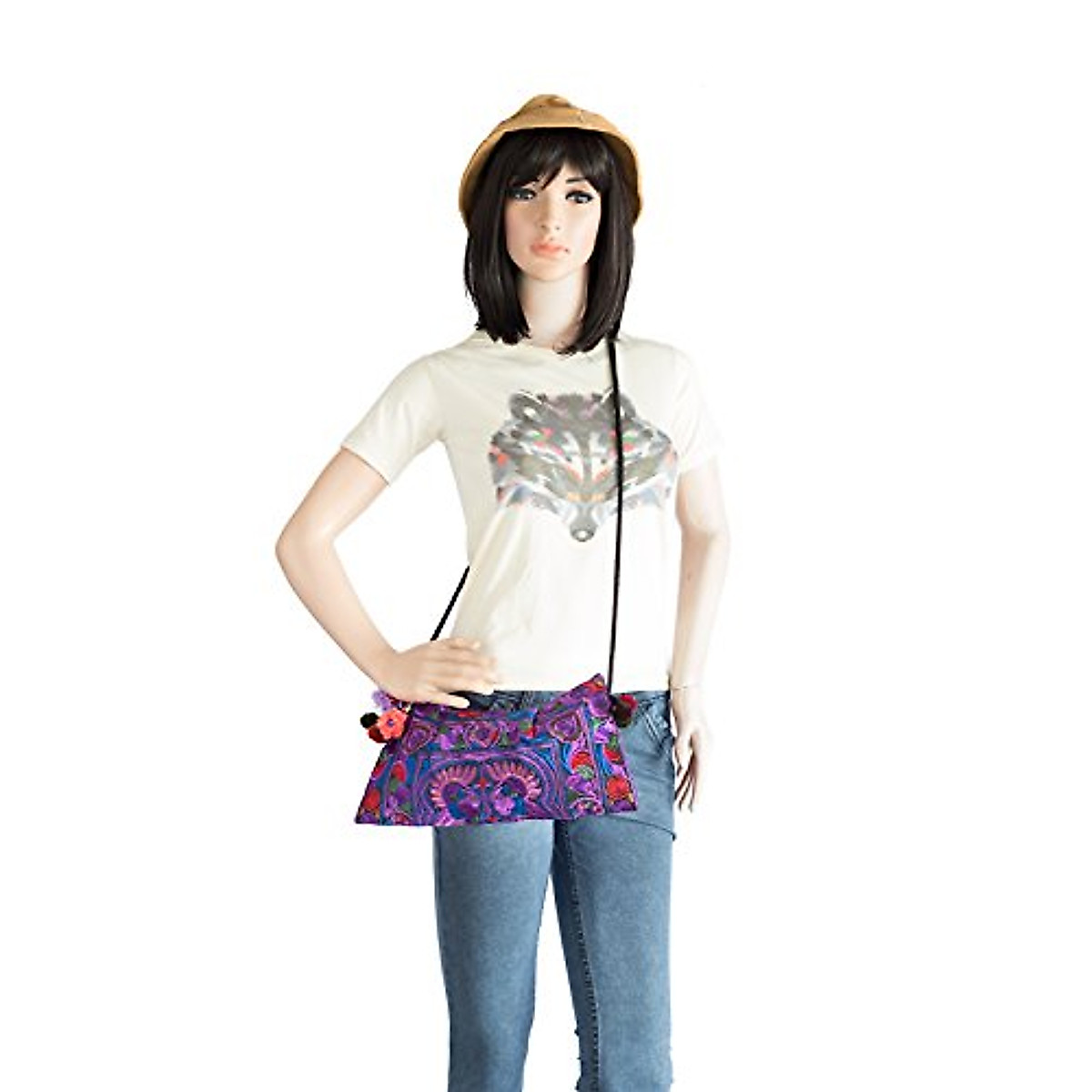 changnoi Purple Bird Hill Tribe Crossbody Bag Hmong Embroidered Thai Fair Trade