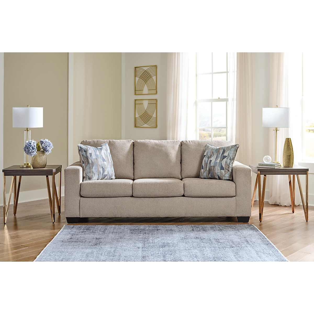 Signature Design by Ashley Deltona Contemporary Sofa with 2 Accent Pillows, Beige