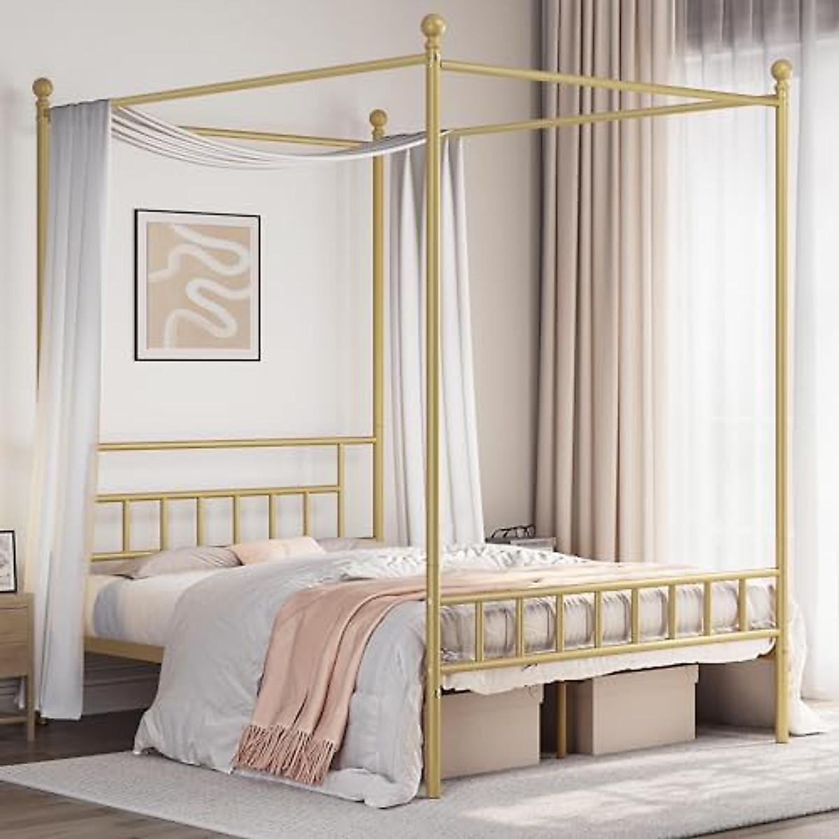 Yaheetech Canopy Bed Frames Metal Four-Poster Canopied Platform Bed with Headboard and Footboard, Sturdy Slatted Structure/Ground Clearance: 11.2" /Antique Gold/Full Bed