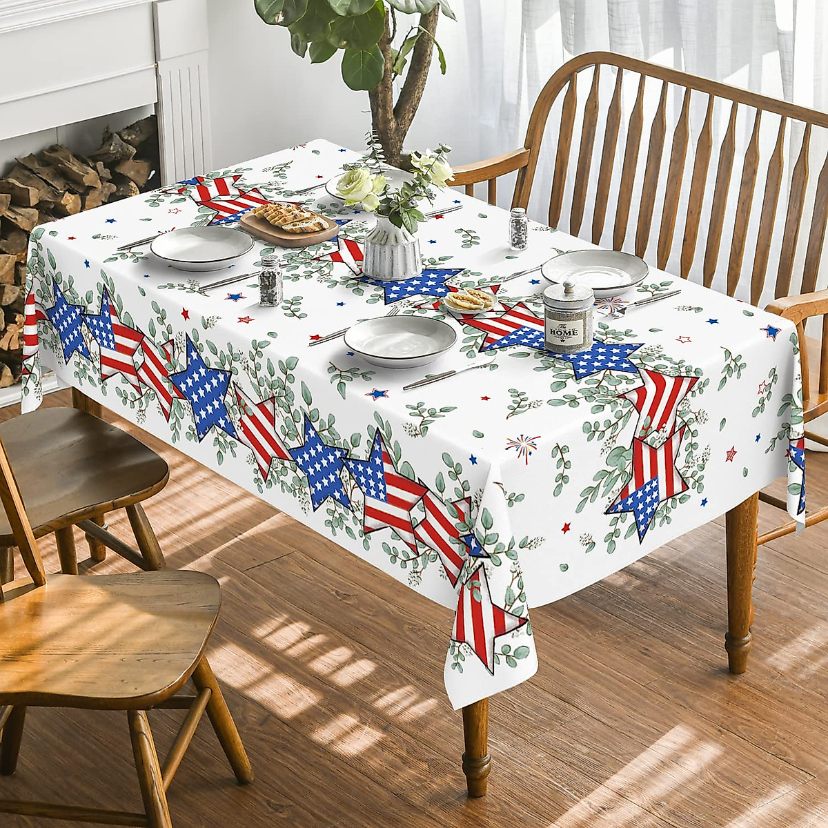 Horaldaily 4th of July Tablecloth 60x84 Inch, Patriotic Eucalyptus Star Independence Day Memorial Day Table Cover for Party Picnic Dinner Decor