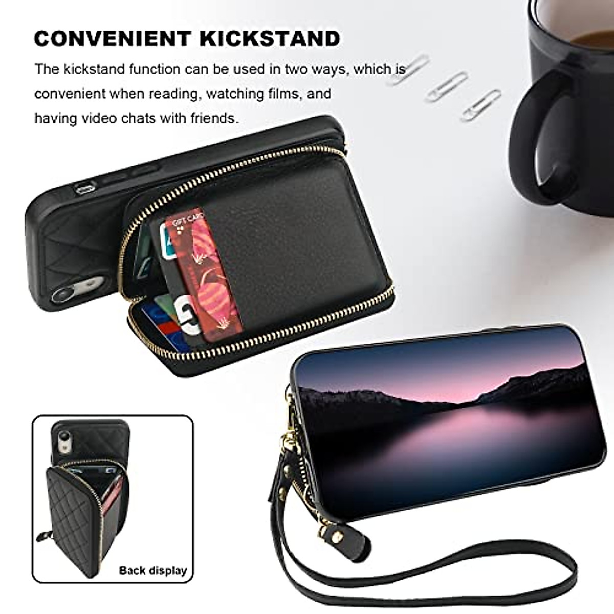 Bocasal Crossbody Wallet Case for iPhone Xr, RFID Blocking PU Leather Zipper Handbag Purse Flip Cover, Kickstand Folio Case with Card Slots Holder Wrist Strap Lanyard 6.1 Inch (Black)