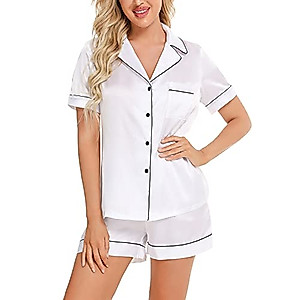 Veseacky Satin Sleepwear with Silky Youth Short Sleeve Sleepwear Soft Lightweight Silk Button Down Sleepwear Short Pjs Loungwear White XXL