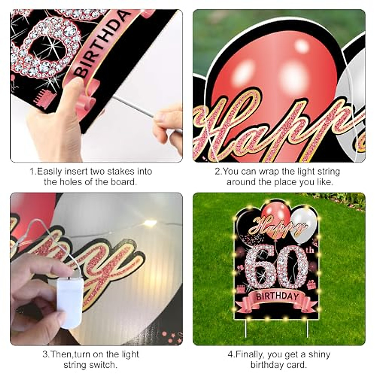 2Pcs Rose Gold 60th Birthday Yard Sign Decoration with String Lights for Women,Happy 60th Birthday Made in 1964 Lawn Sign Party Supplies, Sixty Year Old Birthday with Lights Yard Decor with Stakes