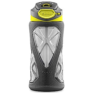 Zulu Torque 16oz Plastic Kids Water Bottle with Silicone Sleeve and Leak-Proof Locking Flip Lid and Carry Loop for School Backpack, Lunchbox, Outdoor Sports, BPA-Free Dishwasher Safe, Grey/ Green