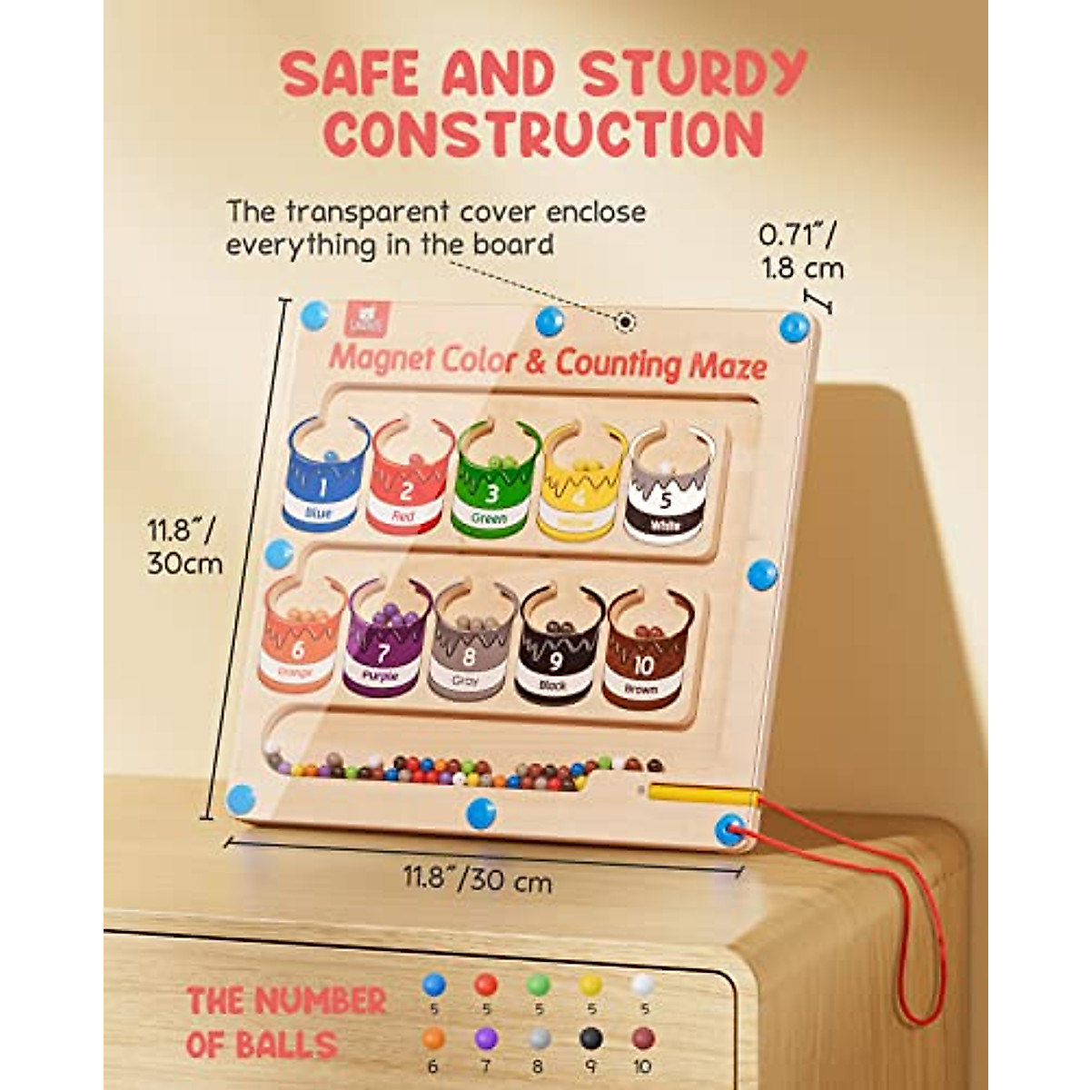 GAMENOTE Magnetic Color and Number Maze - Wooden Magnet Board Puzzles Toddler Activities Counting Matching Games Montessori Fine Motor Skills Toys
