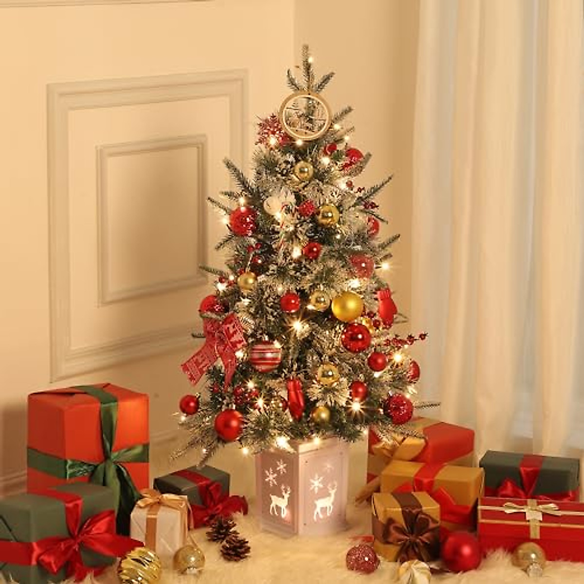 3ft Mini Prelit Premium Snow Flocked Artificial Christmas Tree, Pre-lit Xmas Pine Tree for Christmas Decoration, Party Decoration, Home, Office, White Base (White Base-elk, 3FT)
