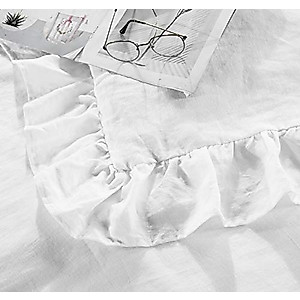meadow park Stone Washed French Linen Duvet Cover Set 3 Pieces - Super Soft, Full/Queen 90 inches x 92 inches - Shams 20 inches x 26 inches, Ruffled Style - Button Closure - Corner Ties, White Color
