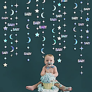 Iridescent Baby Garland Star Moon Circle Dot Streamer Holographic Baby Sign Twinkle Twinkle Little Star Hanging Banner for Baby Shower Oh Baby Welcome Baby Gender Reveal Party Decorations Supplies
