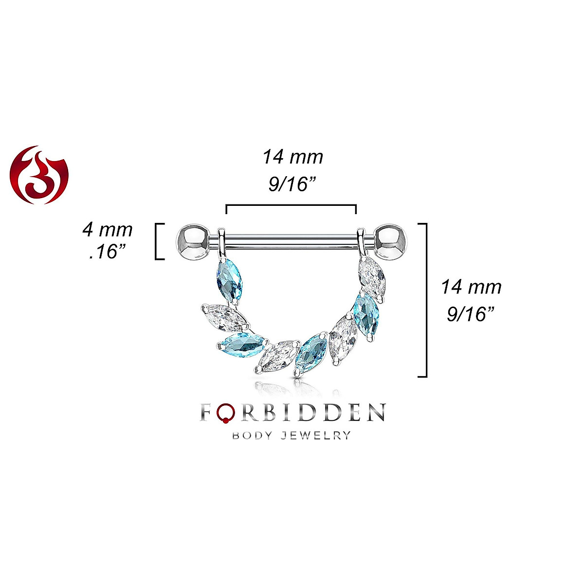 Forbidden Body Jewelry Pair of Surgical Steel 9/16 Inch Sexy CZ Vine D-Ring Dangle Nipple Barbells, Clear/Aqua