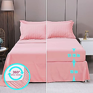 HYMOKEGE Pink Queen Comforter Set Seersucker 8 Pieces, All Season Luxury Bed in a Bag for Bedroom, Bedding Set with Comforters, Sheets & Skirt, Pillowcases & Shams