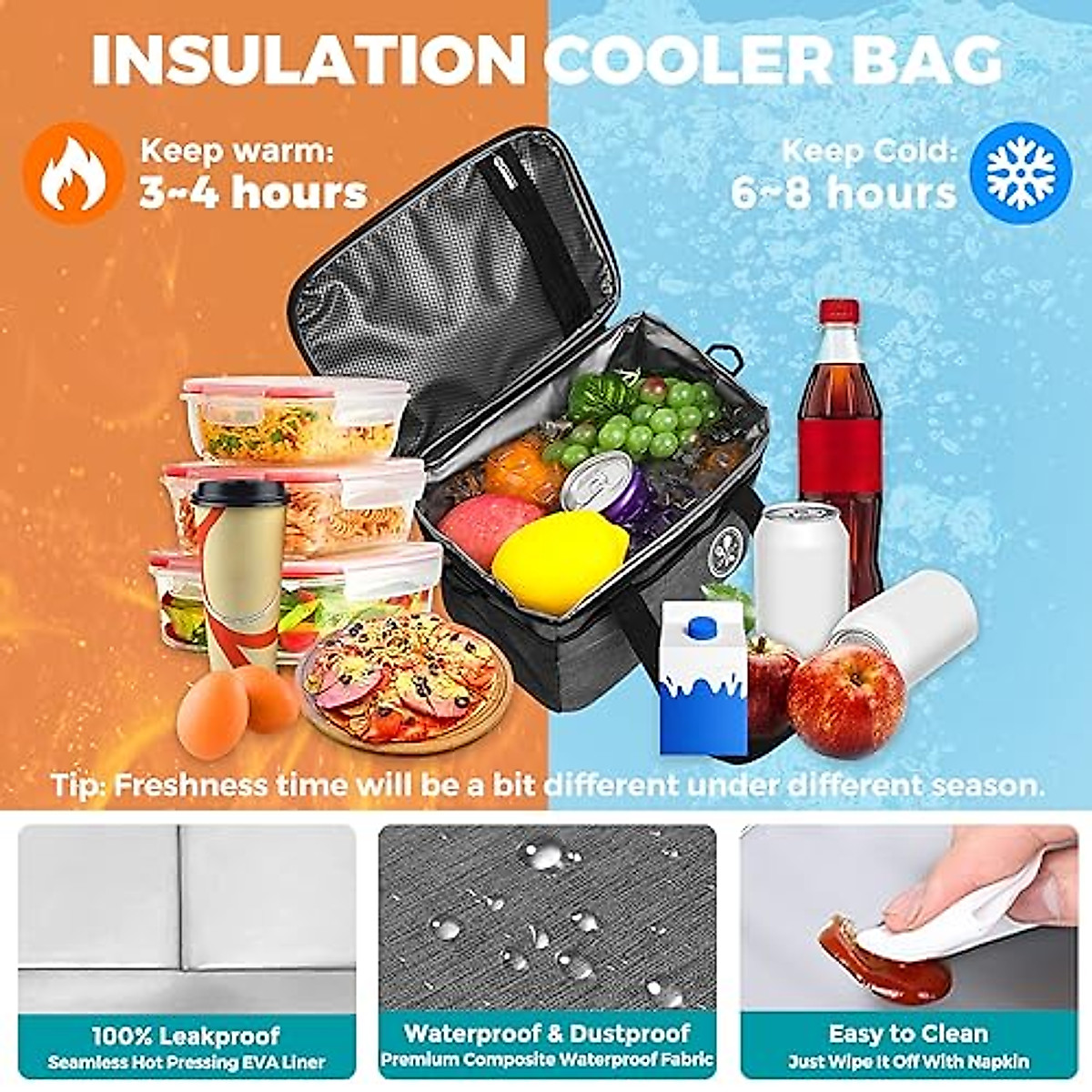 9.8L 16Cans Insulated Lunch Bag for Men Women, Reusable Insulated Lunch Box for Adult Men Women, Leakproof Cooler Bag Mens Lunchbox for Adults Work Office Picnic Beach with Shoulder Strap, Grey