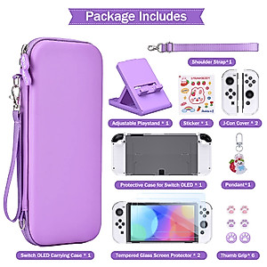 Younik Switch OLED Accessories Bundle, 17 in 1 Purple Switch Oled Accessories Kit for Girls Include Switch Carrying Case, Adjustable Stand, Protective Case for Switch Console & J-Con