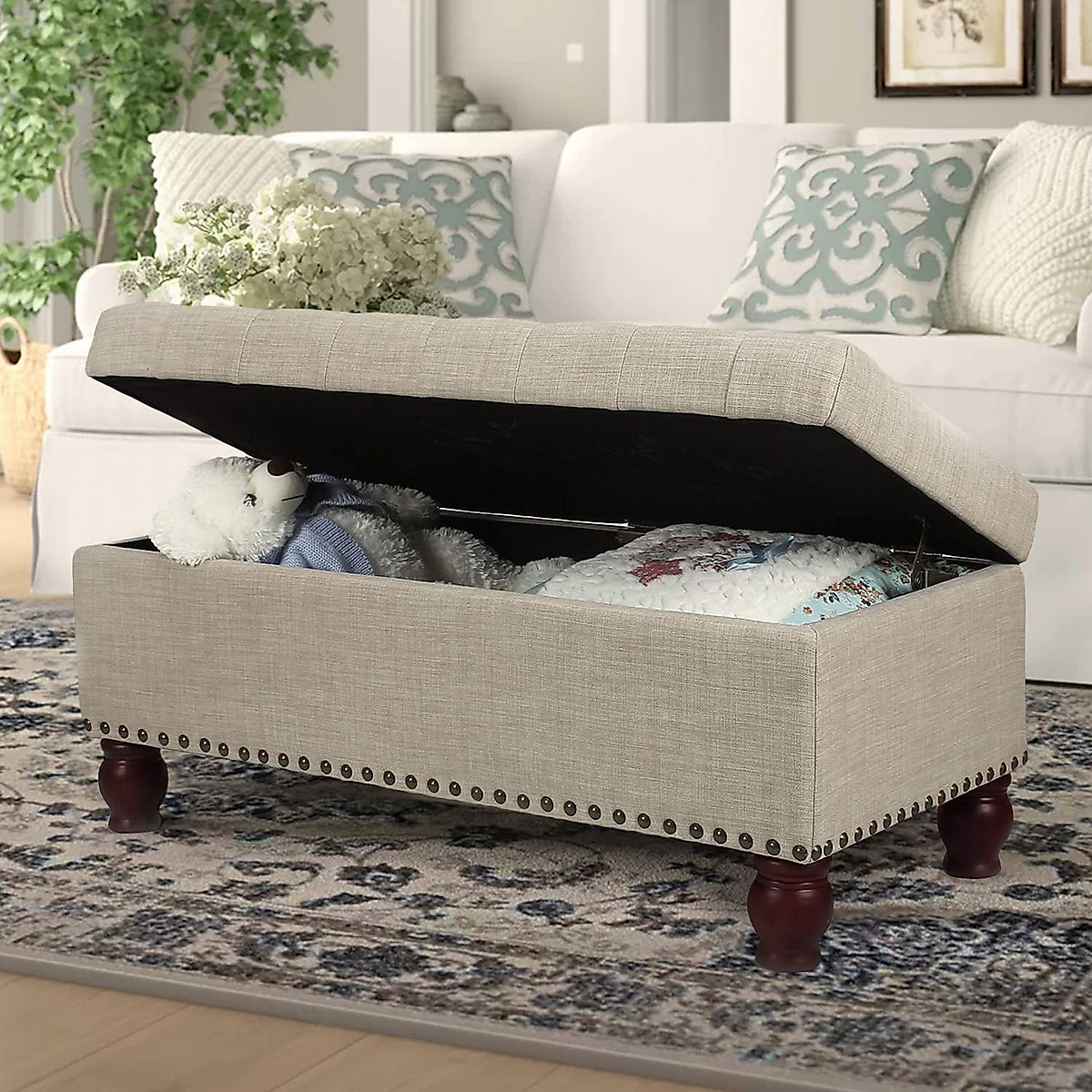 Adeco Rectangular Storage Ottoman Tufted Lift Top Bench Footstool with Sturdy Legs (Beige-2)