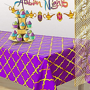2 Pcs Arabian Tablecloth Purple Gold Lattice Plastic Table Covers 87 x 51 Inches Arabian Nights Themed Party Decorations for Arabian Nights Party Supplies