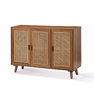 HULALA HOME Accent Storage Cabinet with 3 Natural Rattan Doors & Wood Legs, 2-Tier Shelf Sideboard Buffet Cabinet, Cupboard Console Table for Living Room, Entryway, Dining Room, Hallway (Walnut)