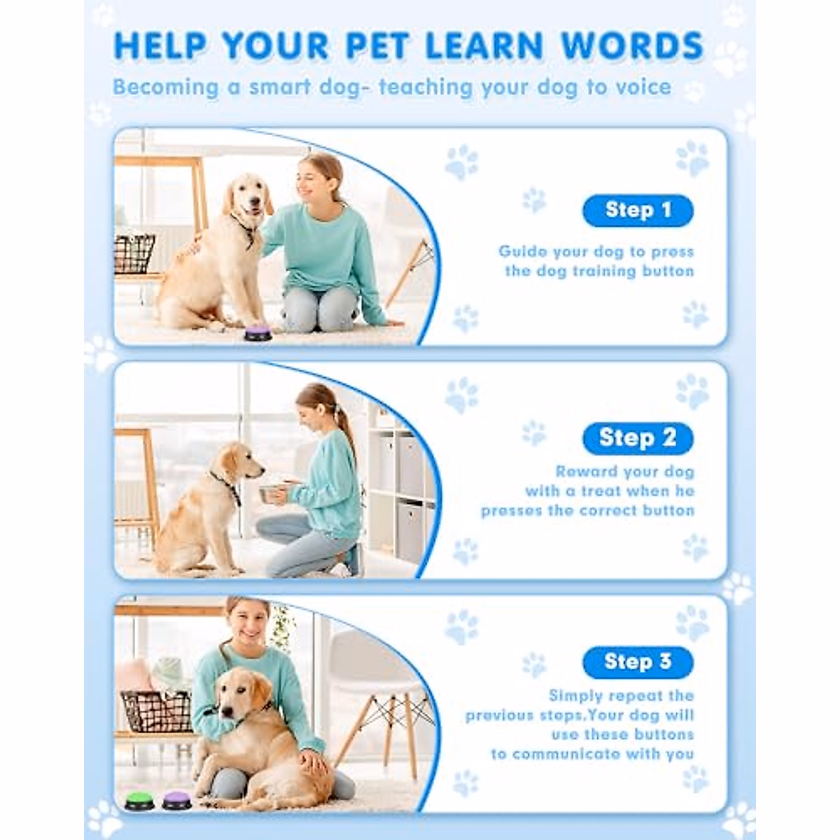 Dog Buttons for Communication, 6 Pcs Dog Talking Button Set, 30s Voice Recordable Pet Training Buzzer, Speaking Buttons for Cats & Dogs with Waterproof Dog Activity Mat and 24 Scene Stickers