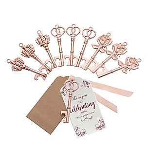 VIDACONTIGO 30pcs Key Bottle Opener Vintage Rose Key Bottle Opener with Escort Tag Card and Ribbon Suitable for Wedding Decorations Party Decorations Guest Shower (Rose Gold - 3 style)