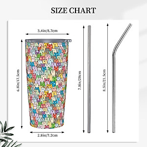 20oz Tumbler Cartoon Colorful Pet Cats Double Wall Vacuum Insulated Coffee Mug with Lid and Metal Straw Brush Reusable Stainless Steel Water Bottle Travel Cup Gifts for Car Ice Drinks Hot Beverage
