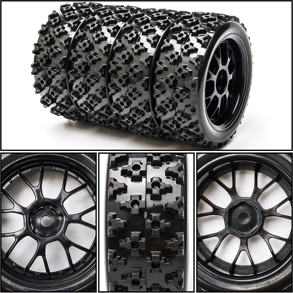 JIUWU 4 Pcs Black 1:10 Scale RC Tires Wheel Rims Crossing Rubber On Road Parts