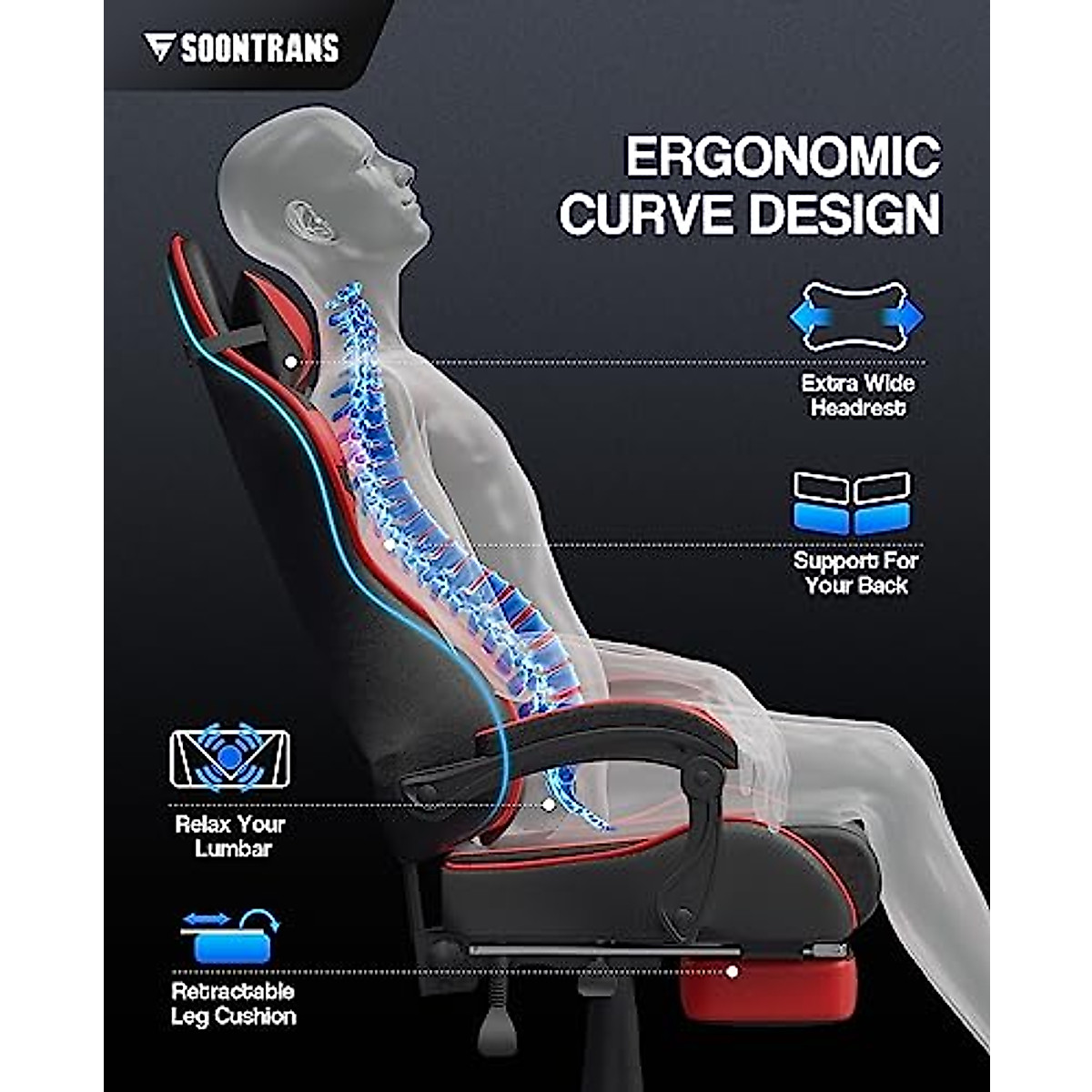 Soontrans Red Gaming Chairs with Footrest,Racing Gaming Chair,Computer Gamer Chair,Ergonomic Game Chair with Adjustable Headrest and Lumbar Support
