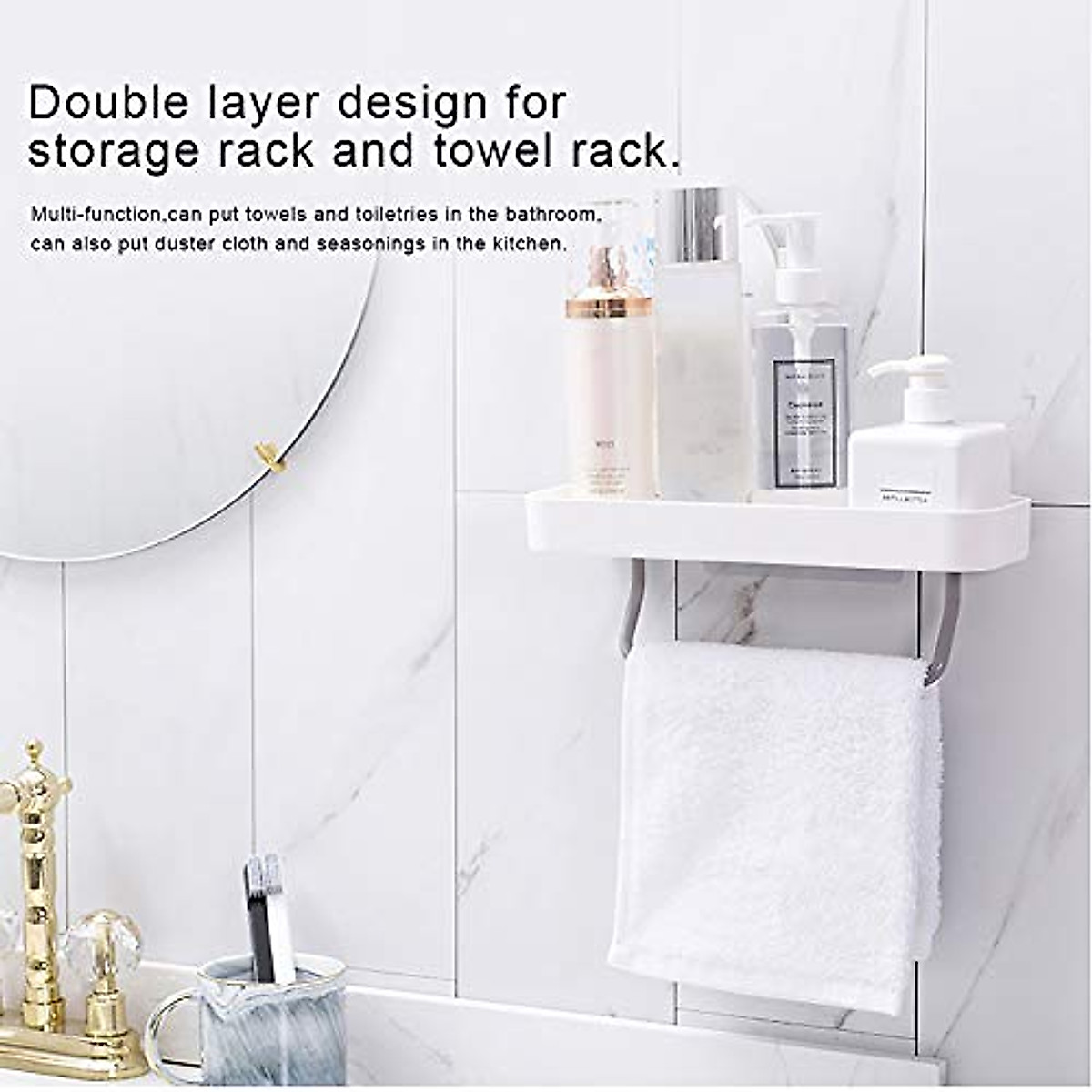 Alvinlite Shower Caddy Shelf Organizer with Hooks - 2 in 1 Wall Mounted Bathroom Towel Rack Holder for Storage