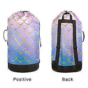 Mermaid Fish Scales Laundry Backpack Bag with Shoulder Straps Extra Large Hanging Laundry Hamper for College Dorm Travel Camp