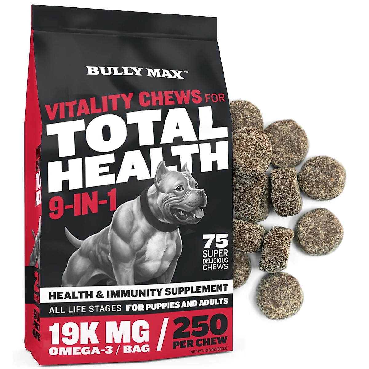 Bully Max 11-in-1 Muscle Gain Power Chews & 9-in-1 Total Health Chews - High Protein Muscle Builder & Multivitamin Soft Chews for Puppies & Adult Dogs - Support for Muscle, Immunity, Overall Health