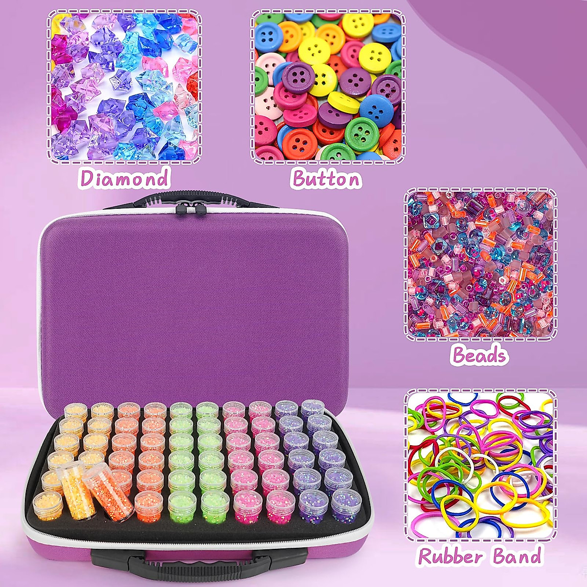 HOHOTIME 60 Slots Diamond Painting Storage Container, Diamond Art Accessories Organizer with Tools Kit, Portable Diamond Painting Kits, Blue Diamond Storage Case for DIY Craft Jewelry Beads (Purple)