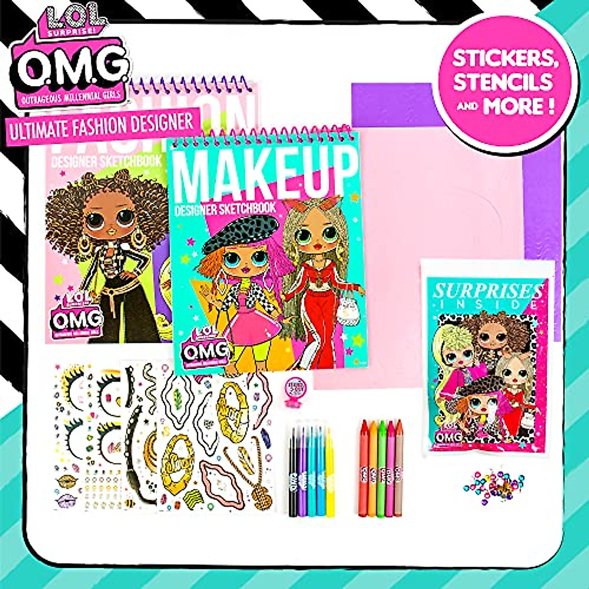L.O.L. Surprise! O.M.G. Ultimate Fashion Designer by Horizon Group USA, Color & Create Outfits & Make-Up Looks for The O.M.G. Sisters, Includes 2 Sketchbooks, 5 Surprises, Stickers, Stencils & More